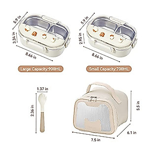 VANDHOME Bento Box Stainless Steel Lunch Box with Cutlery 2-Compartment Lunch Container Reusable Bento Lunch Box, Suitable for Office, Work Meals, BPA-Free Leak-Proof Bento Box (Beige 900ml)
