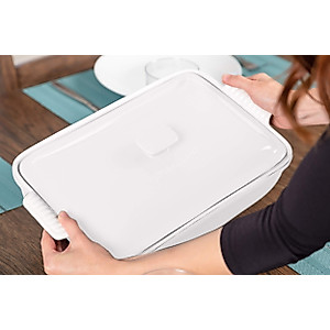 ROSSALLINI Stoneware Casserole Dish Bakeware Set with Lid, Covered Rectangular Dinnerware, Extra Large 4.23 Quart, 13 by 9 Inch, Bianco [White]