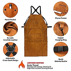 Long Real Leather Apron 43.7" Heavy Duty Work Apron with 6 Tool Pockets Heat Flame Resistant Welding Apron for Blacksmith Woodwork BBQ Fireplace Welders Men Women Safety Apparel