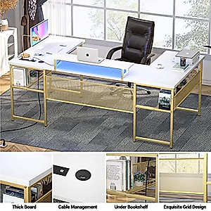 Unikito U Shaped Desk with LED Strip and Power Outlet, Reversible Large Corner Computer Desk with Monitor Stand and Storage Shelf, 83 Inch U Shape Office Desks, 2 Person L Shaped Gaming Table, White