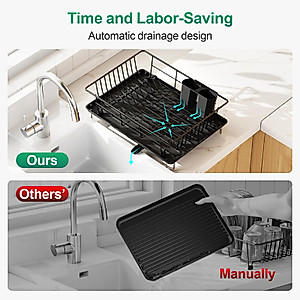GSlife Dish Drying Rack with Drainboard - Dish Racks for Kitchen Counter, Rust-Resistant Compact Dish Drainer with Utensil Holder, Drain Spout and High Feet on Drip Tray, Black