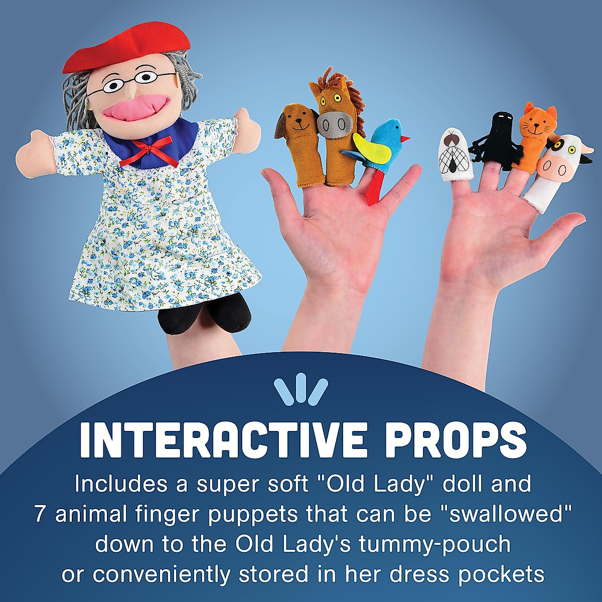 Constructive Playthings Plush "Old Lady" Doll and Animal Finger Puppet Props Set for "There Was An Old Lady Who Live Swallowed a Fly" Children's Book, For Kids Ages 3+