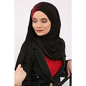 Aisha's Design Hijab Muslim Scarves for Women,0 Cotton Presewn Jersey Shawl Turban, 2-Color, Black - Dark Red