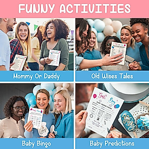 WOODAMORE Baby Gender Reveal Games for Guests - 4 Funny Baby Shower Games for Gender Reveal Party Decoration, Baby Shower Bingo Game, Boy Or Girl Gender Reveal Baby Prediction Cards, Old Wives Tales