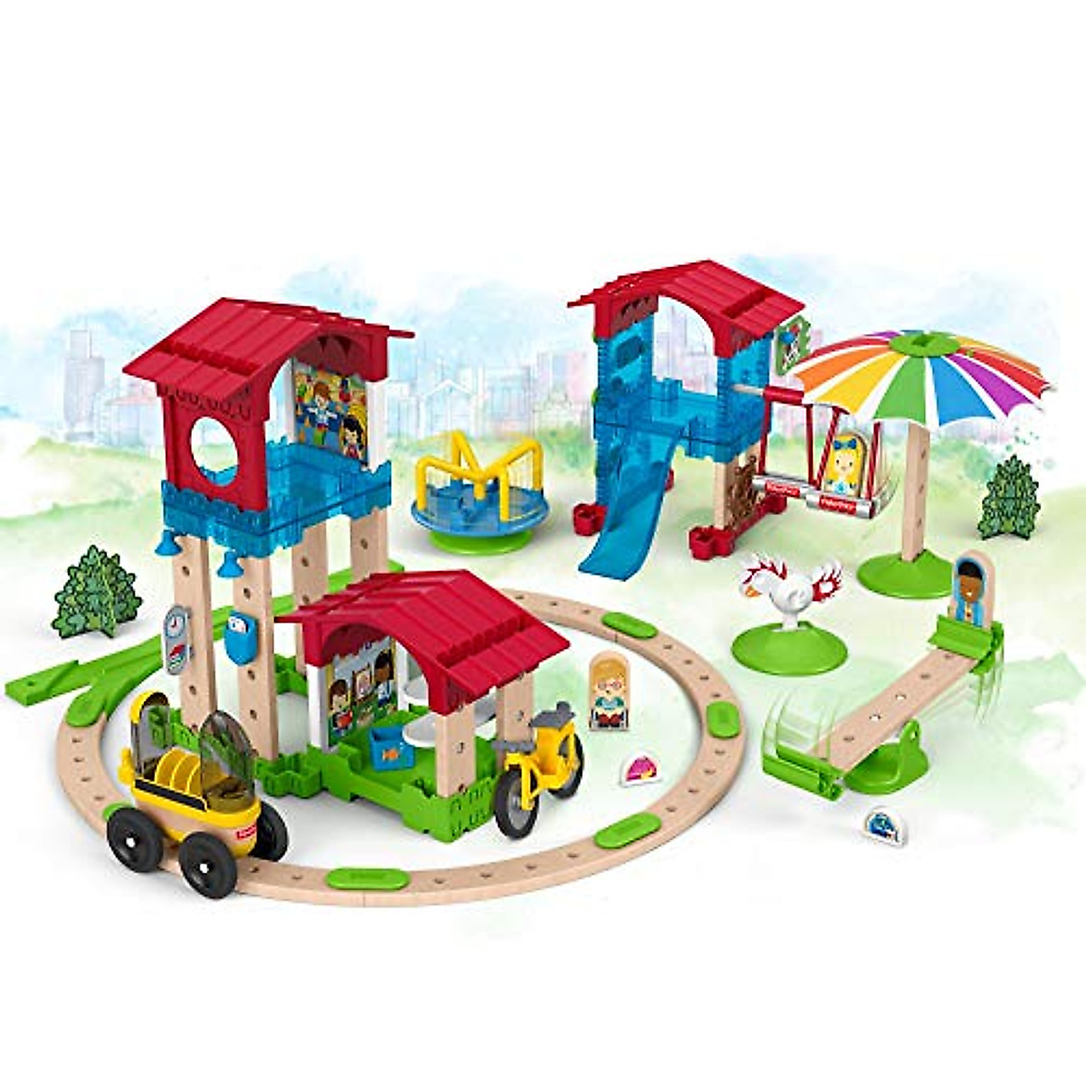 Fisher-Price Wonder Makers Slide & Ride Schoolyard - 75+ Piece Building and Wooden Track Play Set for Ages 3 Years & Up
