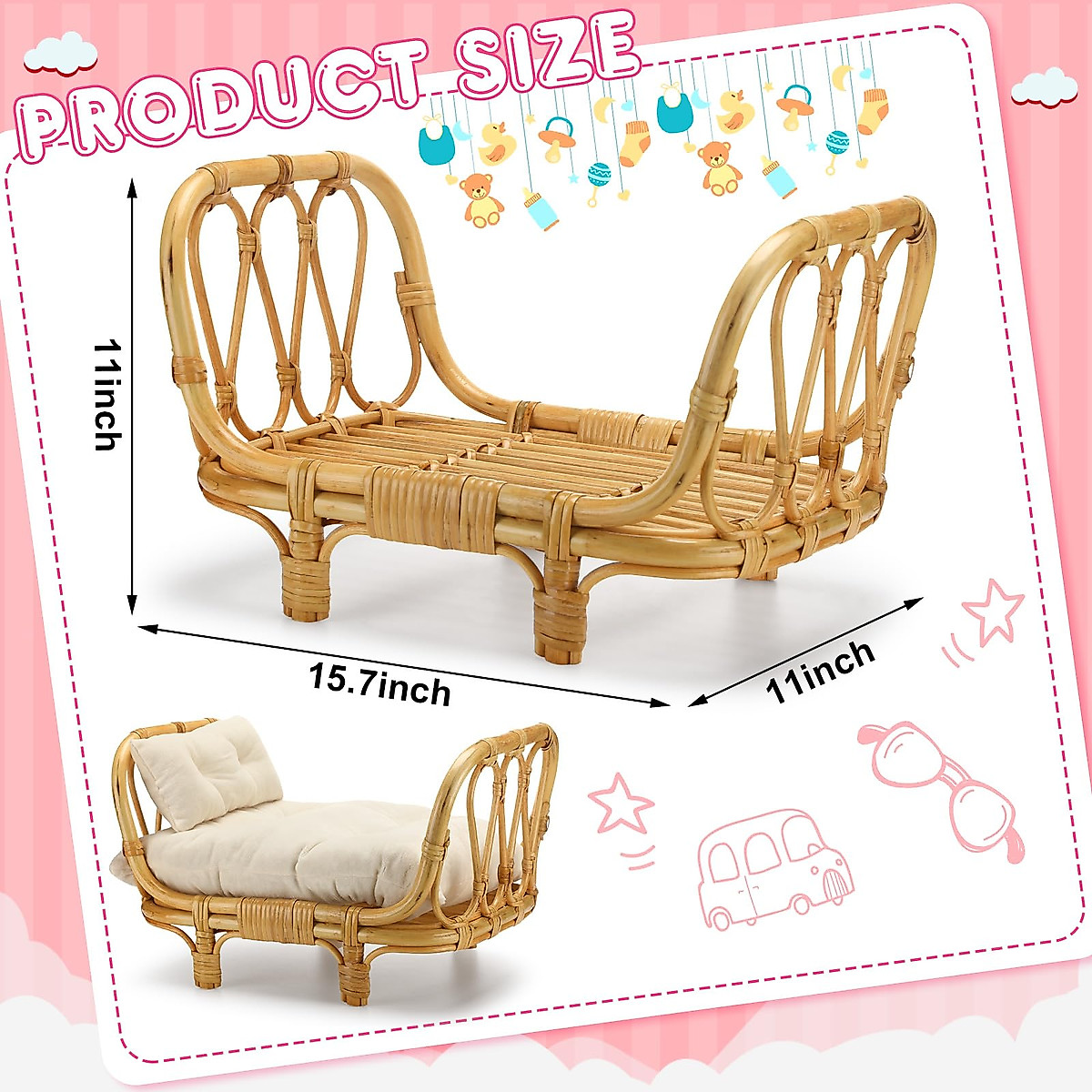 Thyle Newborn Photography Props Bed Rattan Baby Bed with Mattresses and Pillows Baby Photoshoot Props Handcrafted Boho Baby Crib Photo Studio Prop Newborn Bed Prop