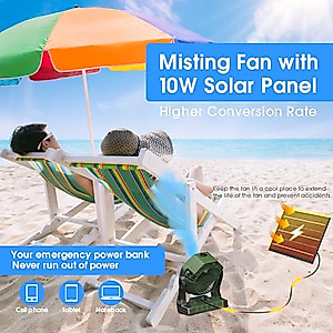 Ausic 10W Misting Solar Fan, 10000mAh Camping Fan Portable with Solar Panel & 250ml Water Tank, 8 Inch Battery Operated Rechargeable Cooling Fan with Hook, Outdoor Tent Fan for Travel (White)