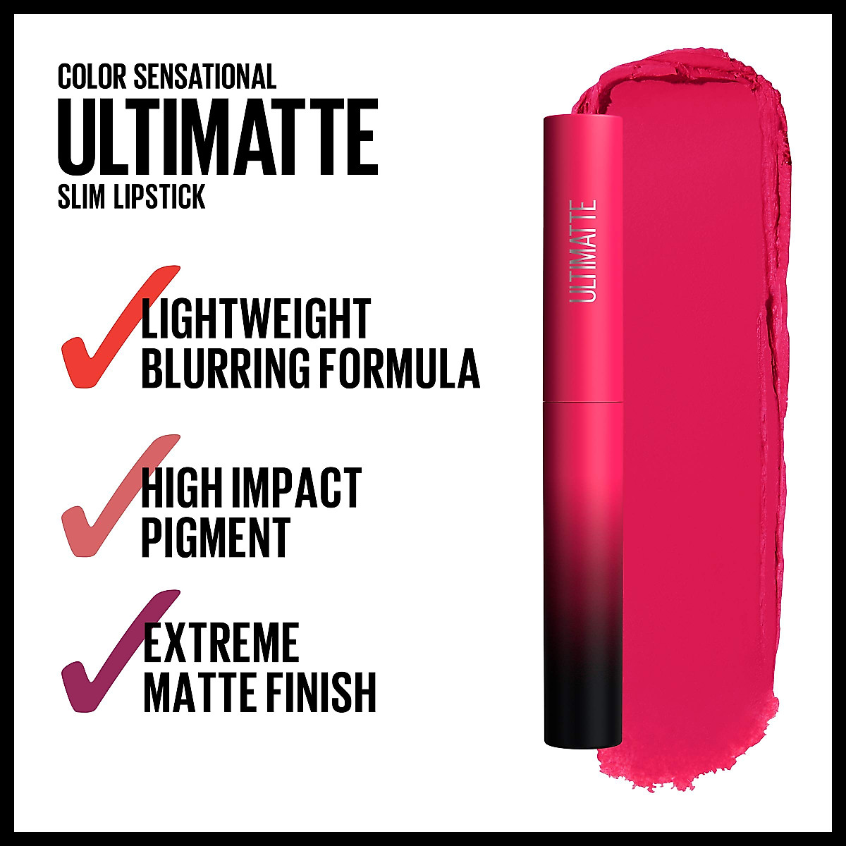 Maybelline Color Sensational Ultimatte Matte Lipstick, Non-Drying, Intense Color Pigment, More Magenta, Magenta Pink, 1 Count