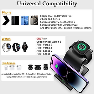 Wireless Charger for Google Pixel Watch 2, Fitbit Versa 4/Versa 3/Sense 2/Sense Charger, Wireless Charging Station for Google Pixel 8 Pro/8/7 Pro/7/7A/6/6 Pro/5/4/Galaxy S24 Ultra, Pixel Buds Pro