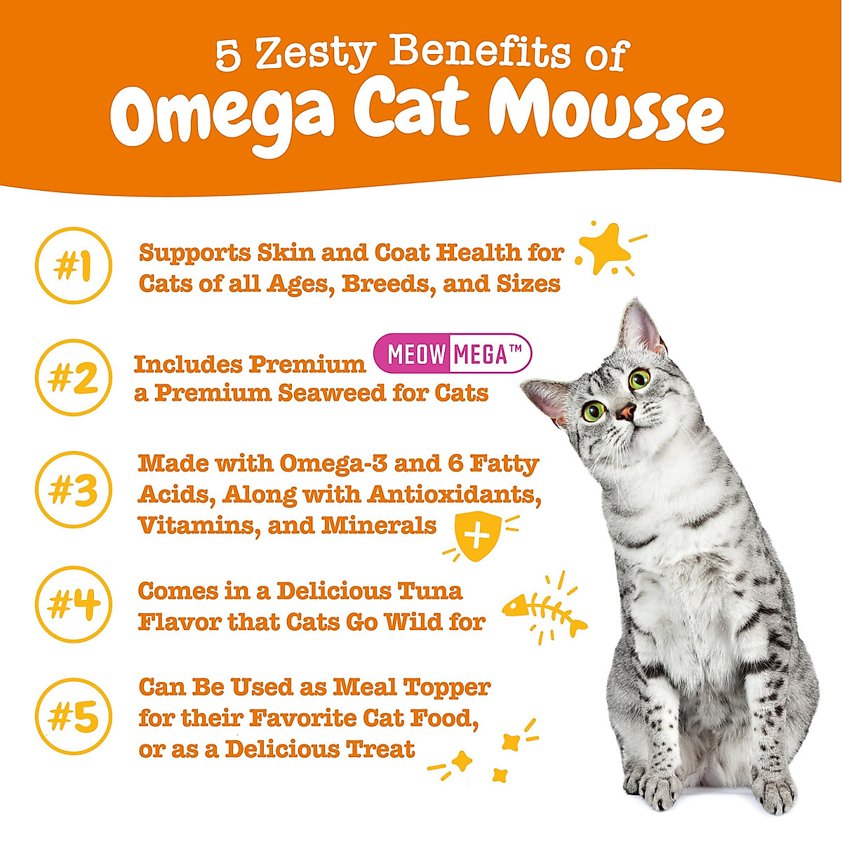 Zesty Paws Omega Cat Mousse Squeezable Cat Treats - with Seaweed, Omega Fatty Acids, Antioxidants Vitamins & Minerals - Skin & Coat Support for Cats - Tuna Fish Flavor - 18 Count
