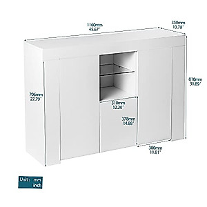 Goujxcy White Sideboard Buffet Storage Cabinet Cupboard with LED Lighting, High Gloss Console Tables Display Cabinet TV Stand for Kitchen Living Dining Room Hallway