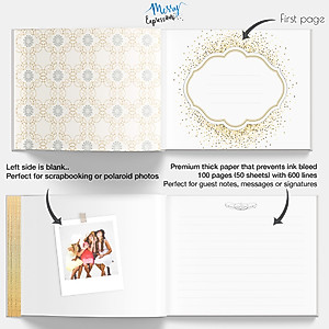 White & Gold Wedding Guest Book w/ Pen & Table Sign - Guestbook Sign in for Reception, Birthday Parties, Bridal or Baby Shower - Gilded Pages, Size 7"x9" inches - Blank Left Page for Polaroids