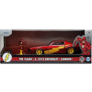 Jada Toys DC Comics 1:32 1973 Chevy Camaro Die-cast Car with The Flash Die-cast Figure, Toys for Kids and Adults, Red
