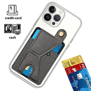 Miimall Phone Card Holder Compatible with iPhone Case, Samsung Galaxy Phone, PU Leather Wallet Pouch with Magnetic Adjustable Kickstand, 3M Adhesive Case Sleeve for Most Smartphones (Black)