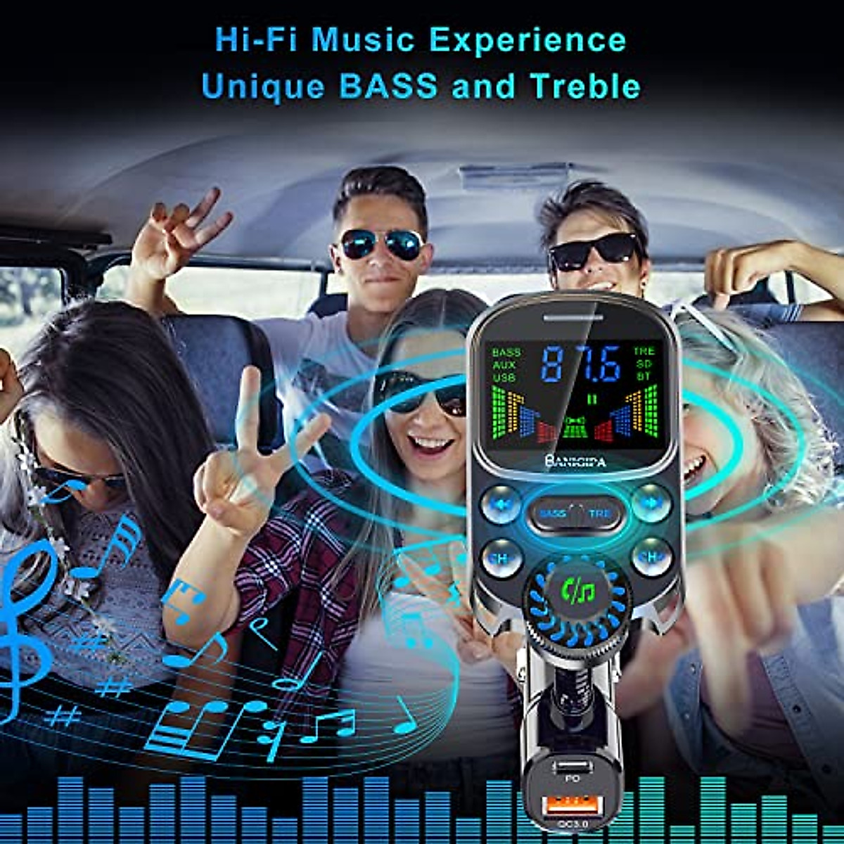 BANIGIPA Upgraded 5.3 Bluetooth FM Transmitter for Car, Hands-Free Wireless Car Stereo Adapter w/ 1.5" Color LCD, 30W USB C PD QC3.0 Fast Charger, 4 Music Play Modes, HiFi BASS&TRE, U Disk/TF/AUX
