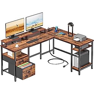 Furologee 66” L Shaped Desk with Power Outlet, Computer Desk with File Drawer & 2 Monitor Stands, Home Office Desk with Storage Shelves, Corner Desk for Gaming Writing, Work Study Table, Rustic Brown