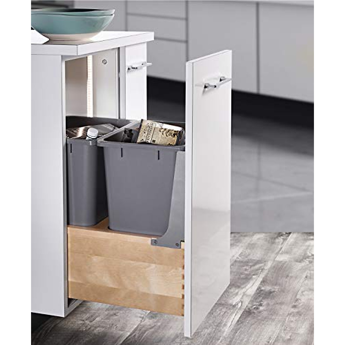 Double Wood Framed Bottom Mount Kitchen Pullout Waste Container Trash Can System with Soft Close Slides and Mounting Brackets (2 x 36 Qt)
