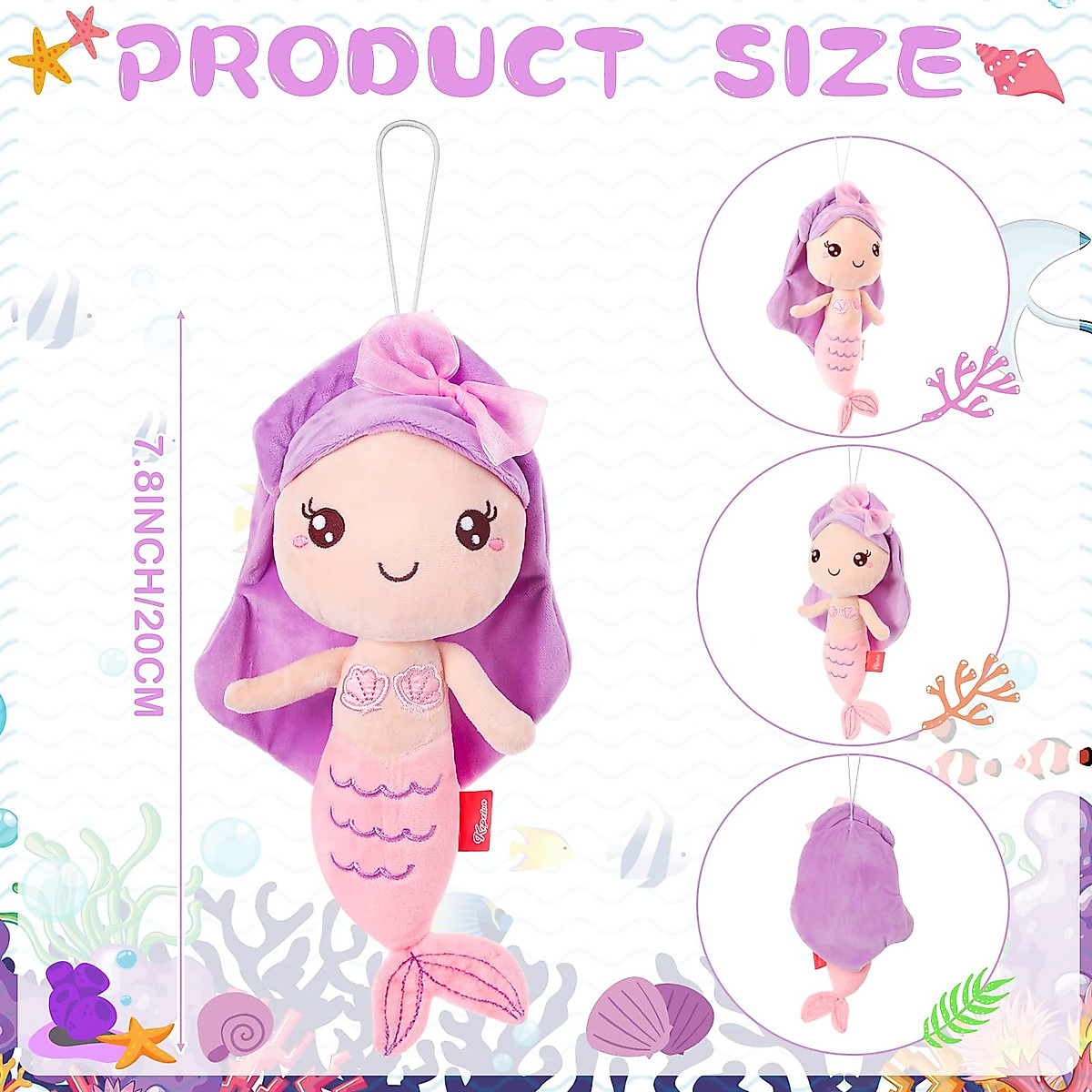 Civaner 4 Pcs 7.8" Mermaid Stuffed Animal Mermaid Plush Toys for Girls Ocean Princess Dolls Mermaid Birthday Decorations for Women(Cute Style)