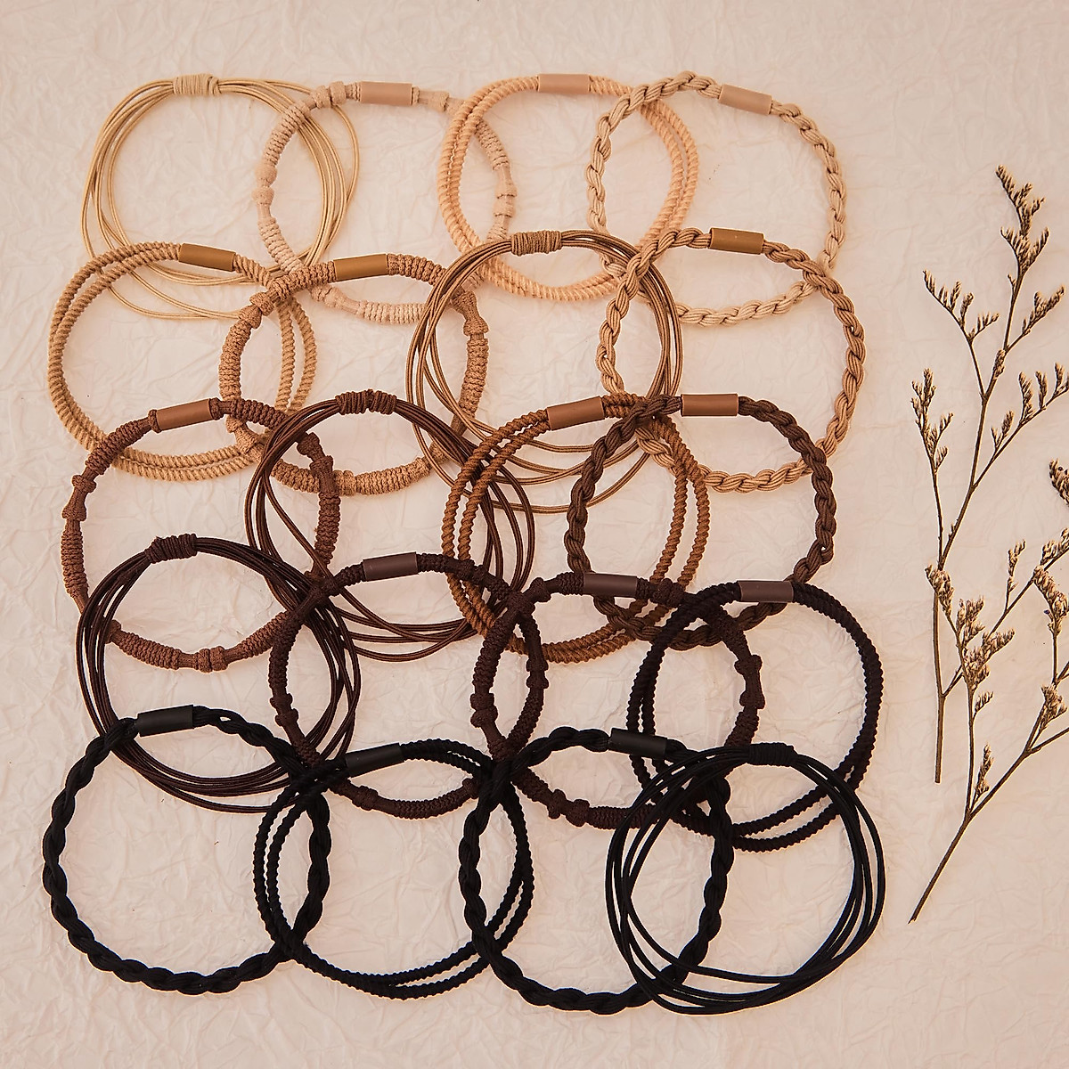 40 PCS Boho Hair Ties, Hair Tie Bracelets for Women, 4 Styles Brown Hair Ties No Damage, Boho Hair Accessories for Teen Girls' Ponytail Holders