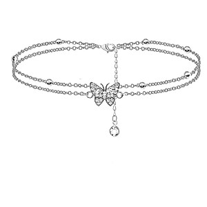 COLORFUL BLING 14K Silver Butterfly Anklets with Cubic Zirconia Adjustable Layered Heart Ankle Bracelet Summer Beach Foot Chain Jewelry-Butterfly