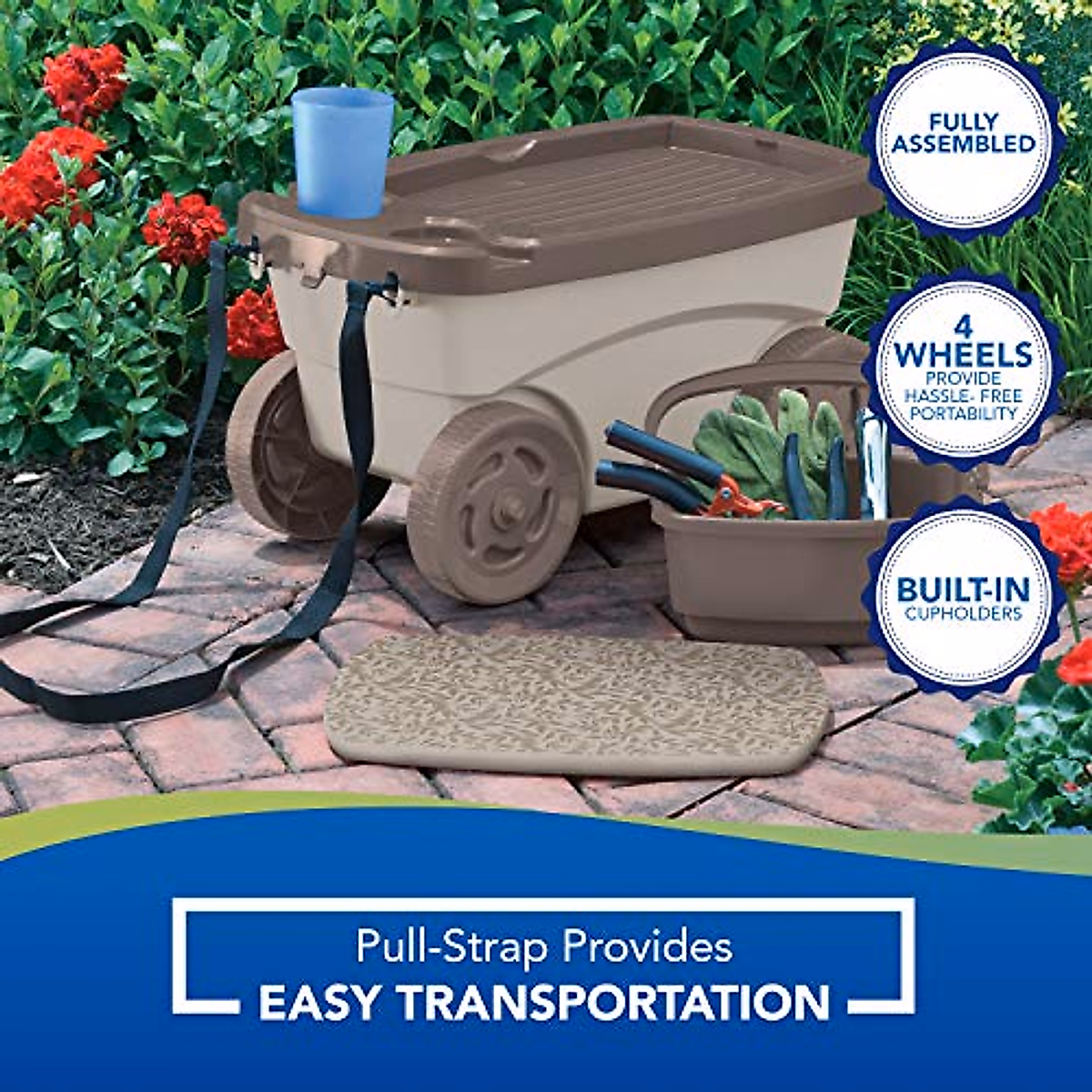 Suncast Outdoor Rolling Garden Scooter - Durable Plastic Portable Garden Seat Rolls in Grass and Dirt - Carries Garden Supplies