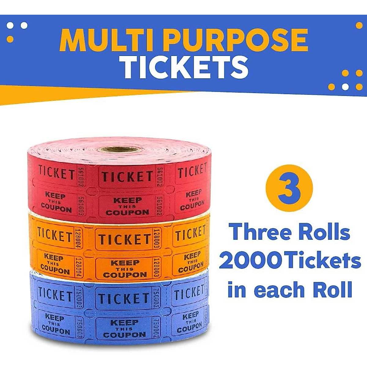 Toysery Multicolor Raffle Tickets - 6000 Tickets (3 Double Rolls of 2000 Tickets Roll), Consecutively Numbered Fundraiser 50/50 Raffle Tickets for Christmas Party, Concert, Carnivals & Other Event