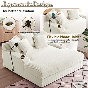 65.35" Oversized Chaise Lounge Chair for 2, Upholstered Sleeper Sofa Bed with Cup Holders | Charging Station | Removable Backrest | Backrest Pilow, Fluffy Chair Sofa Couch for Living Room, Beige