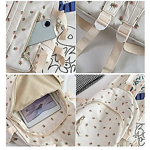 Floral Backpack with Kawaii Plush Puppy Pendant Accessories Cute Multi-Pockets Aesthetic Back to School Bookbag Laptop (Black)