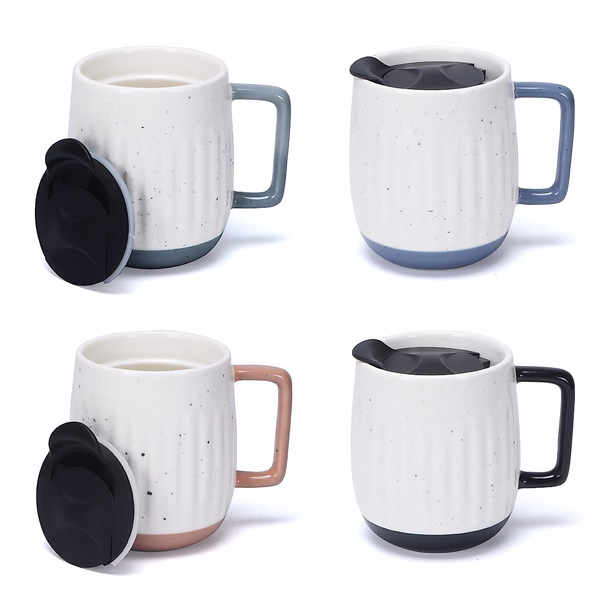 Hoikwo 4 Pack 16oz Modern, Boho Coffee Mugs with Lids for Car Trip Travel Portable, White Ceramic Coffee Cups Sets for Coffee, Beverages, Tea, Microwave-safe and Dishwasher-safe