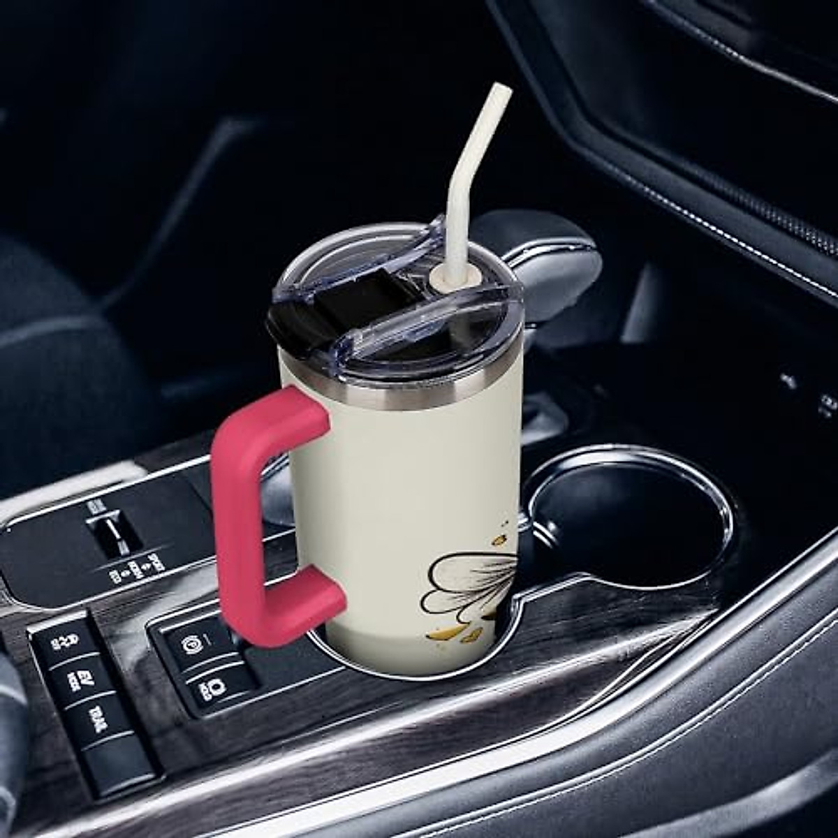 FHENMSA 40 Oz Insulated Coffee Mug Tumbler with Handle,Bee Love Honey Print Insulated Tumbler,Stainless Steel Travel Mug with Lid And Straw