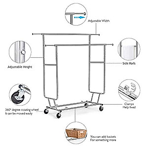 Yaheetech Commercial Clothing Garment Rack, Heavy Duty Double Rail Clothes Rack, Rolling Collapsible Rack Hanger Holder, Extendable Clothes Hanging Rack, Silver