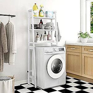 MallKing Over The Toilet Storage, Wooden 3-Tier Over-The-Toilet Rack Bathroom Space Saver Organizer, Freestanding Above Toilet with Toilet Paper Holder and Hooks (White)