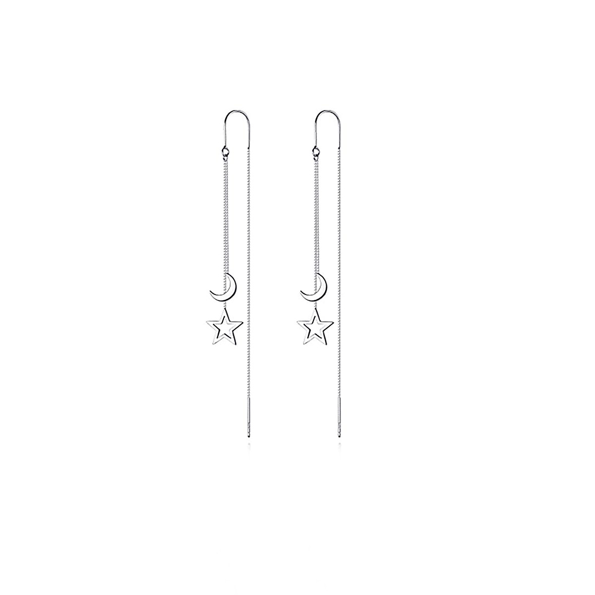 Reffeer Solid 925 Sterling Silver Moon Star Threader Dangle Earrings Chain for Women Teen Girls Long Dangle Earrings Tassel Chain (A-Silver)
