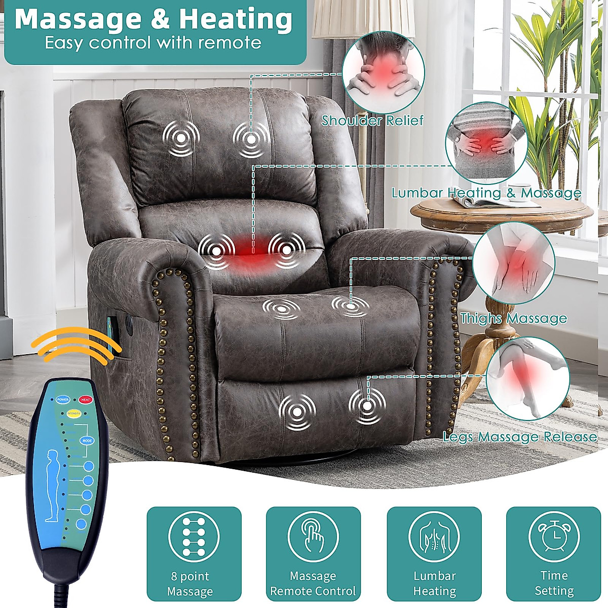 MEETWARM Massage Swivel Rocker Recliner with Heat and Vibration, Manual Glider Rocking Recliner Chair, 360°Swivel Lounge Reclining Chair with Remote Control/USB Ports for Living Room(Gray)