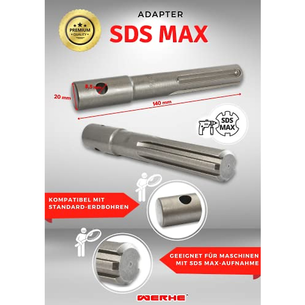 WERHE Profi Adapter for Earth Drill suitable for SDS Max Drilling Machine - For auger drill and SDS impact hammer Drill machine - Soil Drill Adapter for drills with Ø 1,6" 2,4" 3,15" 3,9" 4,7" 5,9"