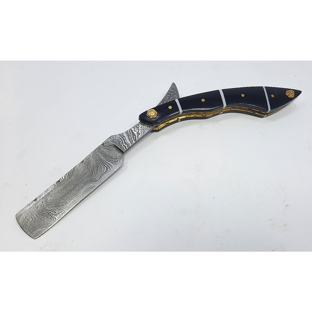 Qureshi Knifes Damascus Steel Straight Razor fixed Blade Camel Bone with Leather Sheath Belt Loop. STR-24001