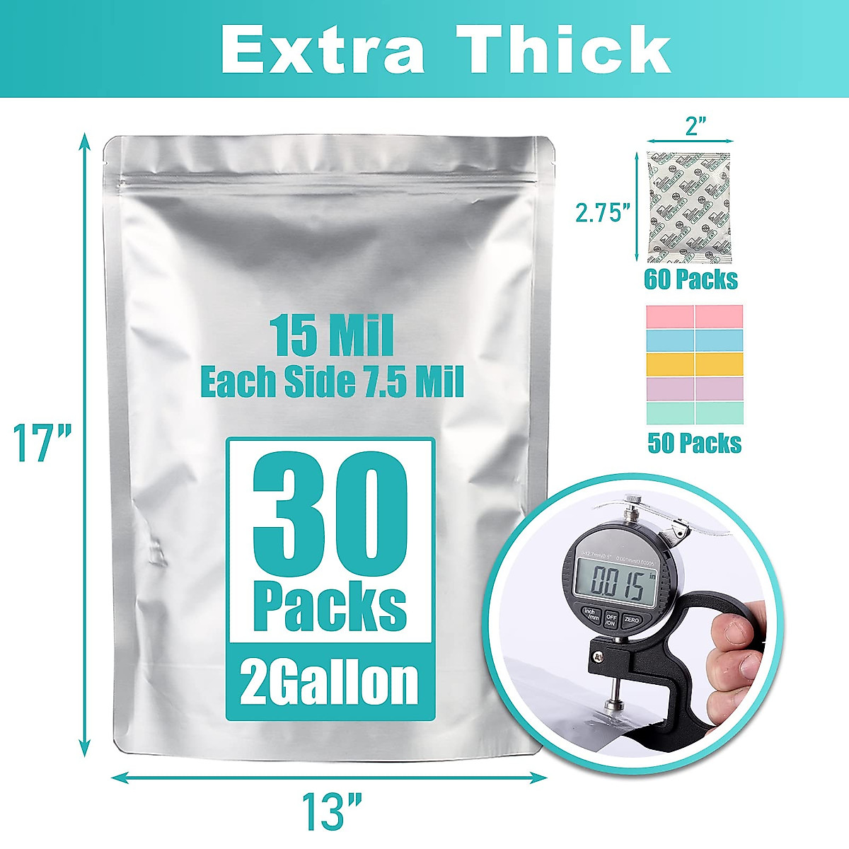 30pcs 2 Gallon Mylar Bags for Food Storage (15 Mil Extra Thick) with Oxygen Absorbers 400CC (60 pcs) , Stand-Up Zipper Pouches Resealable and Heat Sealable Bags for Long Term Food Storage(13"x17")