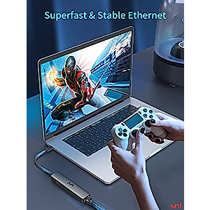 USB C Hub, uni 5-in-1 USB C to Ethernet Adapter Hub with 4K USB C to HDMI, 1Gbps Gigabit Ethernet Port, 3 USB 3.0 Ports (Aluminum Shell, Nylon Braided Cord) for MacBook Pro, iPad Pro, XPS and More