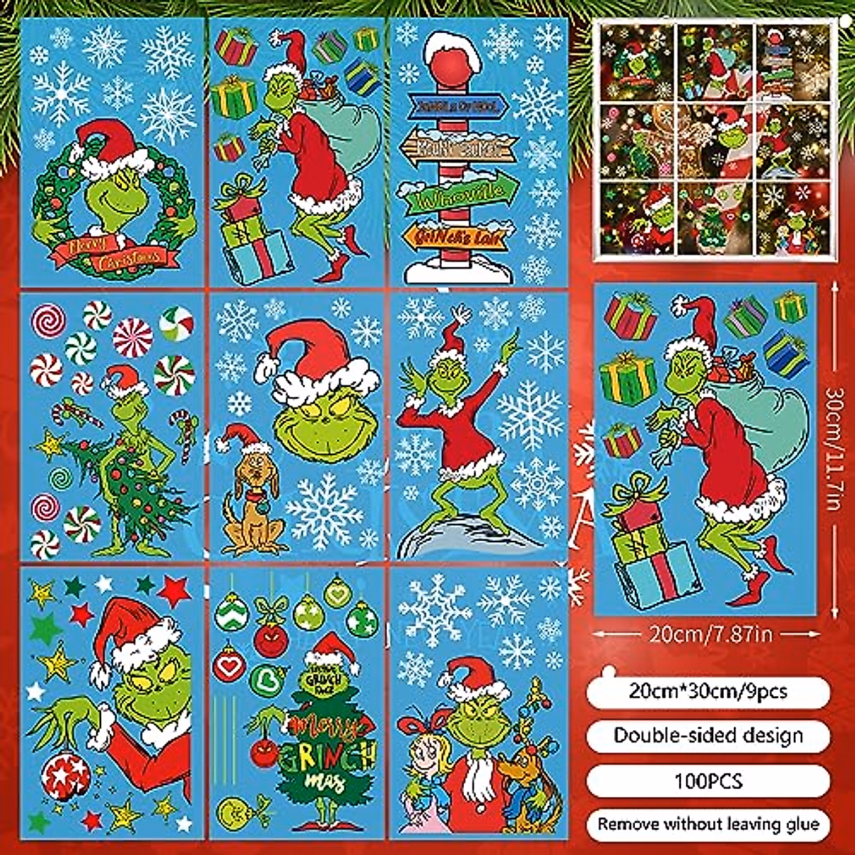 100 PCS Christmas Window Clings - Christmas Window Clings for Glass Windows,Christmas Elf Faces Window Stickers with Snowflake,Double Sided Static Window Clings for Christmas Window Decals(9 Sheets)