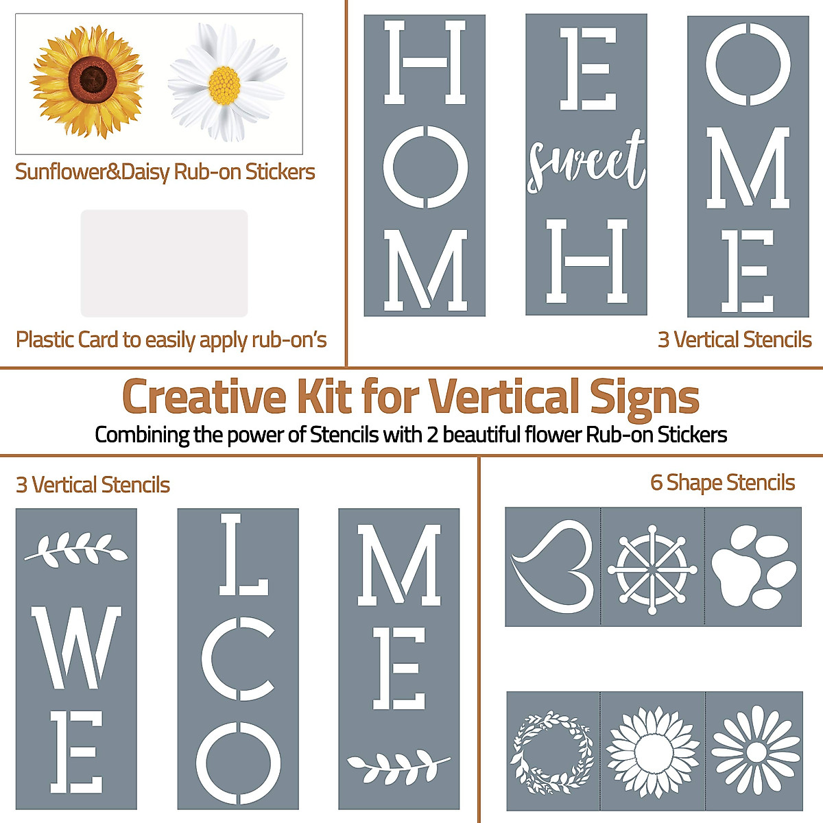 Stencil Stuff, Stencils for Painting on Wood, Welcome Stencil, Daisy Decor, Sunflower Stencil, Flower Stencils, Stencils for Crafts Reusable, Large Stencils, Paint Stencils Plus Free Rub-On Stickers