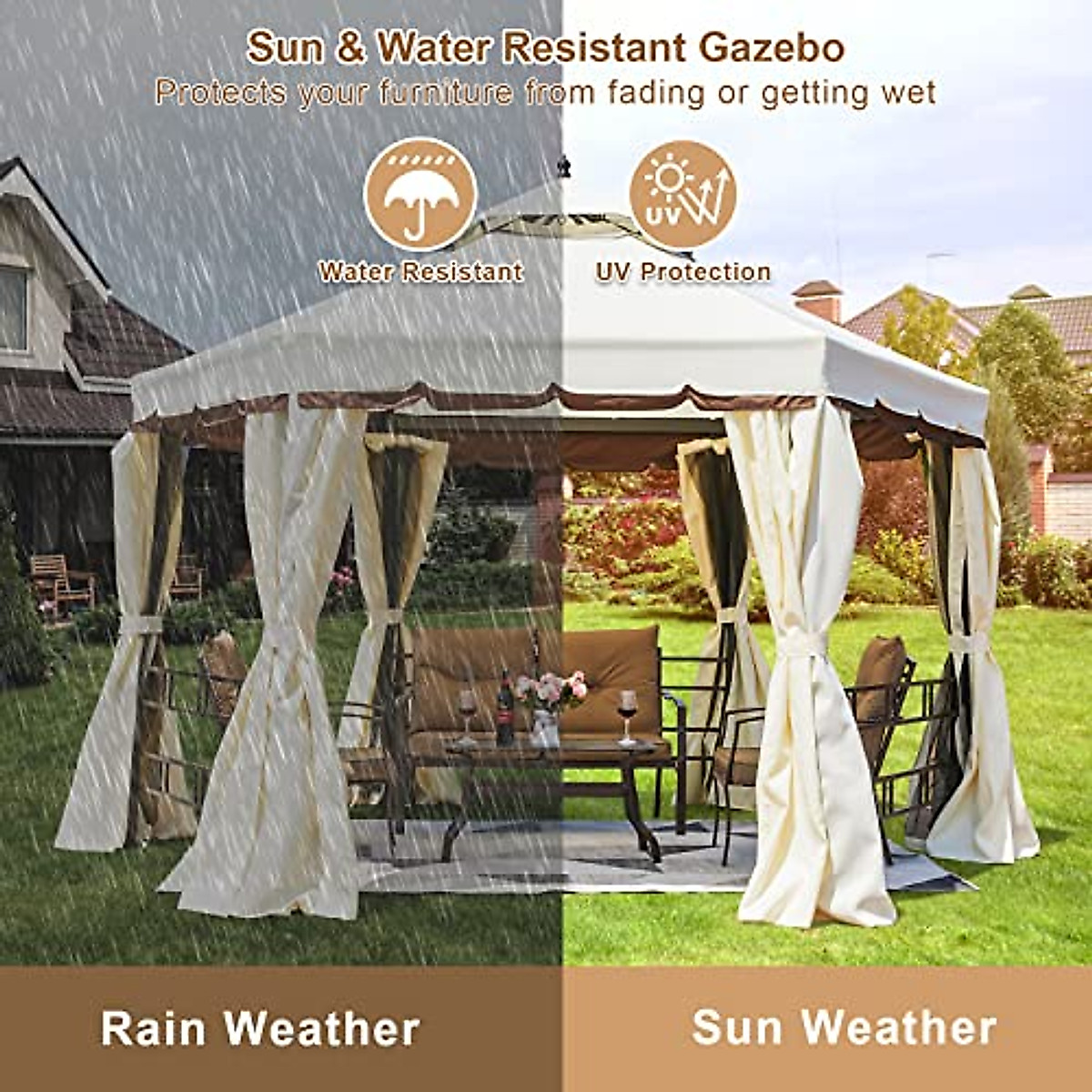 Erommy 12FT Outdoor Canopy Gazebo Hexagonal, Double Roof Patio Gazebo Steel Frame Pavilion with Netting and Shade Curtains for Garden,Patio,Party Canopy, Cream