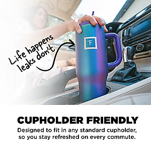 IRON FLASK Co-Pilot Insulated Mug w/Straw & Flip Cap Lids - Cup Holder Bottle for Hot, Cold Drink - Leak-Proof - Water, Coffee Portable Travel Mug - Dark Rainbow, 40 Oz