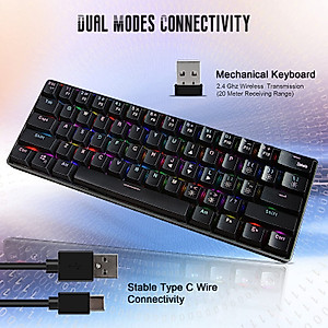 60% Wireless Wired Gaming Keyboard - 60 Percent Compact 61 Key Mini Mechanical Keyboard with RGB Backlit, Include 2.4Ghz USB Receiver and USB C Cable,Blue Switch for Desktop, Computer and PC