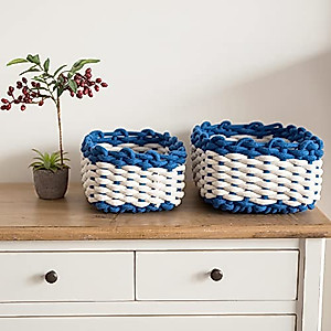 R RUNKA Small Rope Baskets for Clothes, Toys, Towels, Books - Set of 3,Decorative Baskets for Home Decor,Small Baskets for Gifts | Boho Baskets, Small Woven Basket for Nursery (Blue & Off White)