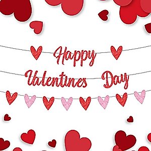 Happy Valentine’s Day Banner Valentines Day Decorations for Party Heart Banner for Wedding Engagement Anniversary Decorations Romantic for the Home Table Firplace Indoor Outdoor Pre-strung