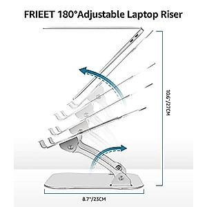 【2022 New】Laptop Stand for Desk, FRIEET Aluminum Ergonomic Laptop Riser with Heat Vent, Adjustable Height Foldable Computer Stand Holder Compatible with 10''-18" MacBook Air/Pro,Lenovo Dell HP, Silver