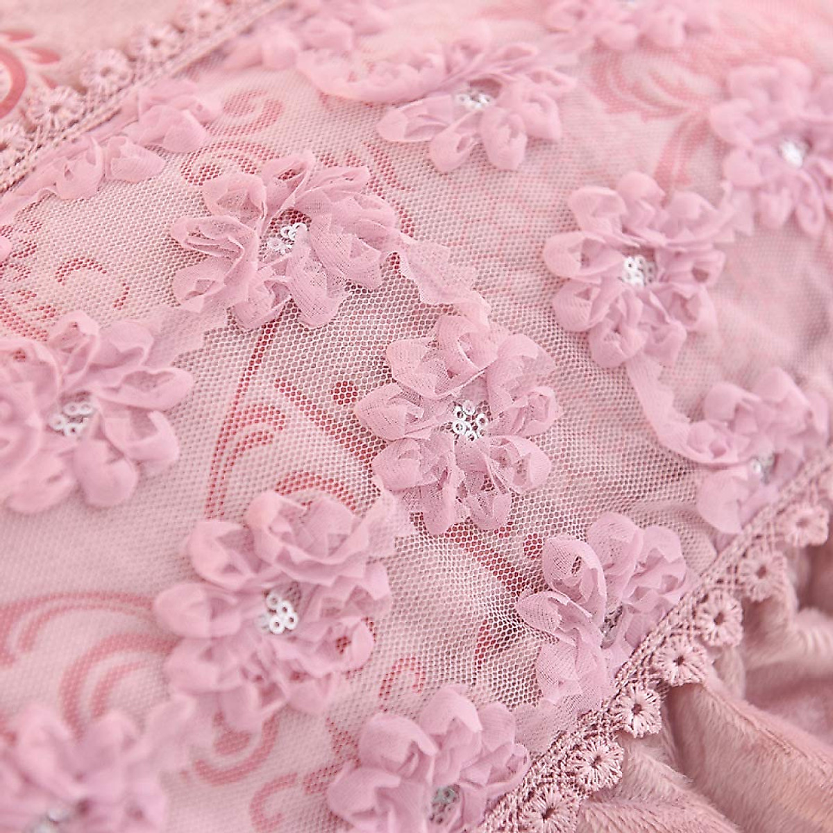 YURASIKU Princess Bedding Set Soft Fleece Jacquard Duvet Cover Set Romantic Lace Flower Design Ruffle Comforter Cover Set with Bed Skirt Girls Queen Size Light Pink