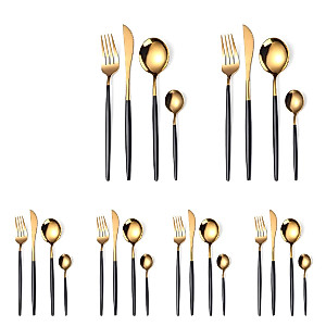 24-Piece Gold Silverware Set with Black Handle, Stainless Steel Flatware Set, Tableware Cutlery Sets for 6 Including Forks Spoons Knives, Kitchen Utensil Set for Home and Restaurant(Black Gold)