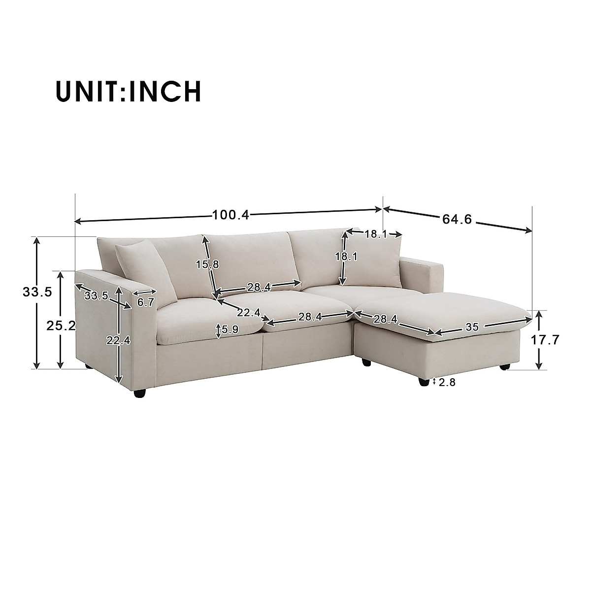 WILLIAMSPACE 100.4" Sectional Sofa Couch for Living Room, Modern Upholstered L-Shaped Sofa Couch with Convertible Ottoman & 2 Pillows, 4 Seat Sofa Furniture for Apartment, Polyester Fabric (Beige)