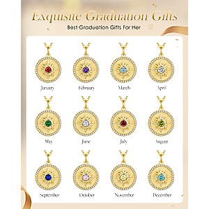 CDE 14K Gold Plated Sun Coin Birthstone Pendant Necklaces for Women 925 Sterling Silver, Christmas Birthday Anniversary Jewelry Gift for Women Girlfriend Mom Daughter Her
